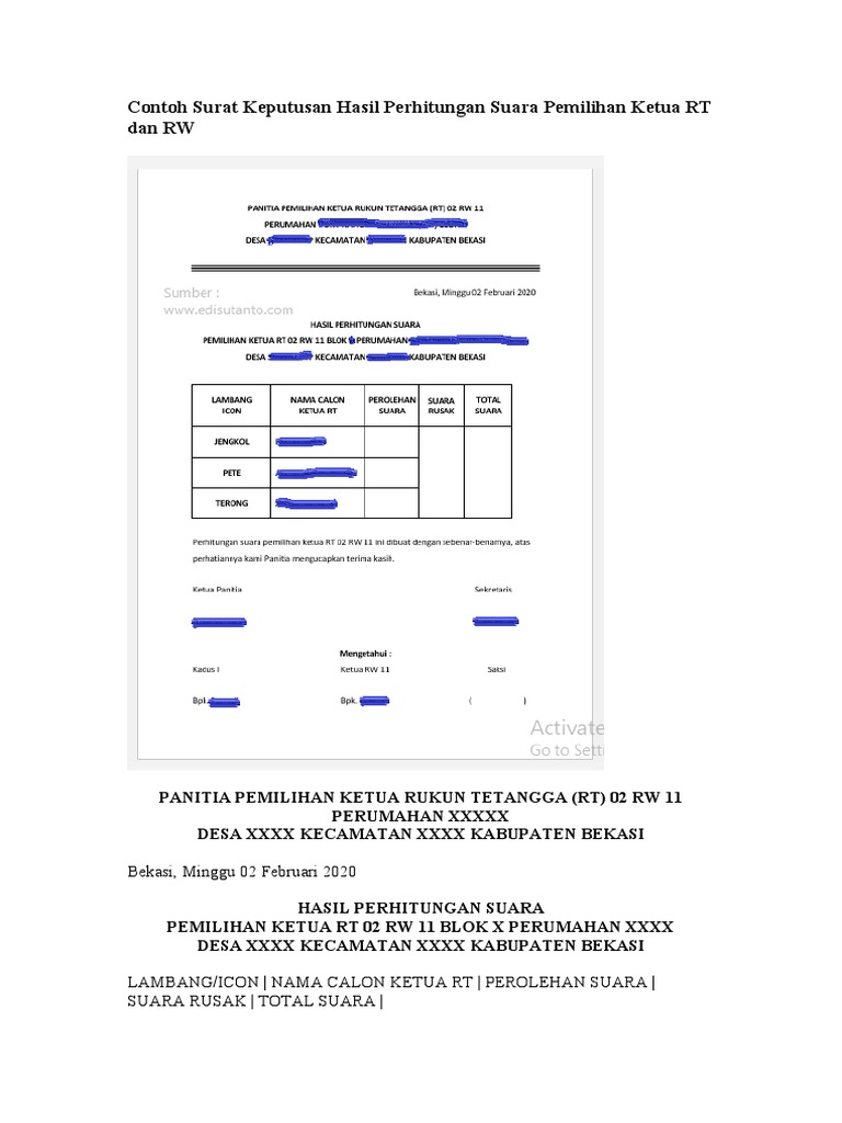 Contoh Surat Keputusan Hasil Perhitungan Suara Pemilihan Ketua RT Dan RW | PDF