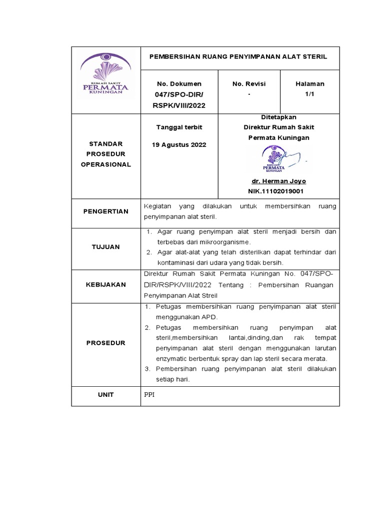 Spo Pembersihan Ruang Penyimpanan Alat Steril-1 | PDF | Teknologi & Rekayasa