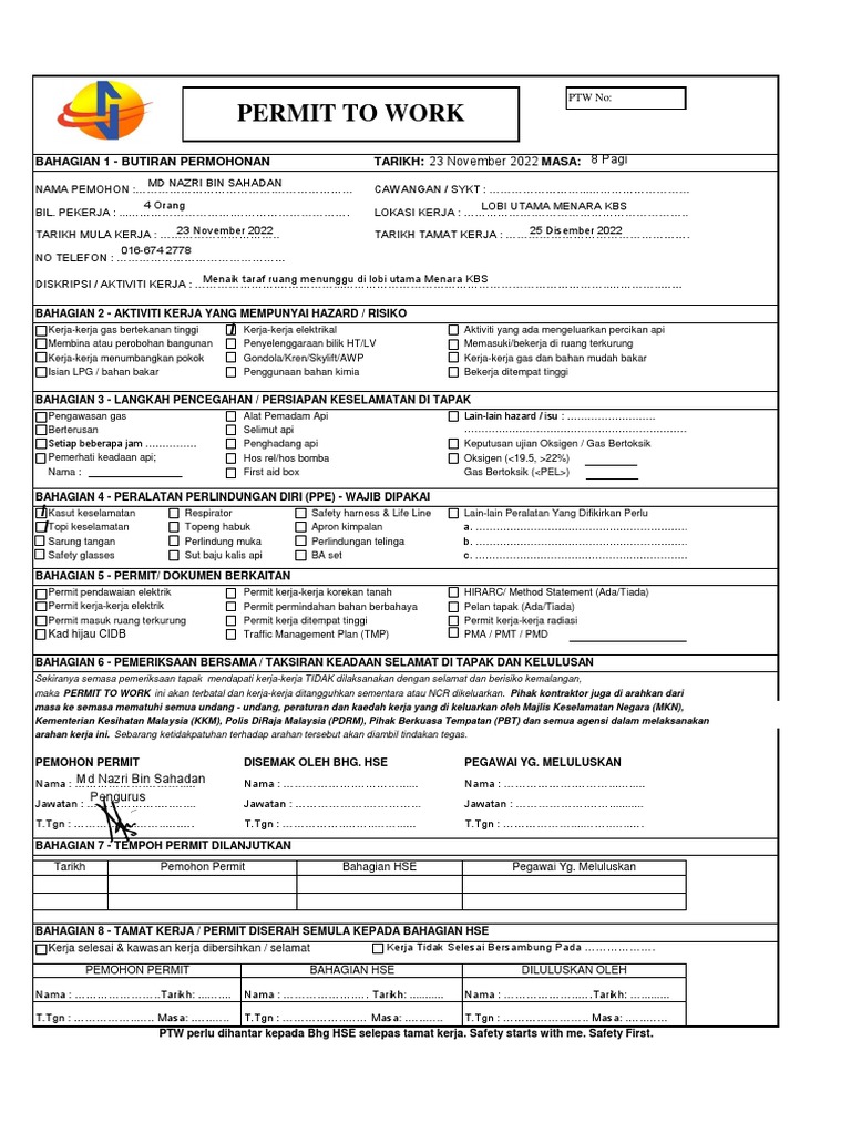 Contoh Borang Permit Kerja Panas | PDF