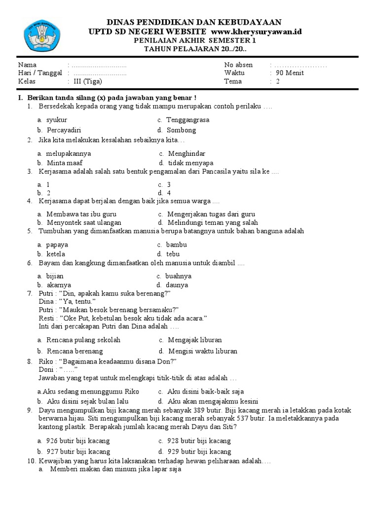 SOAL & Jawaban PAS KLS 3 TEMA 2 | PDF