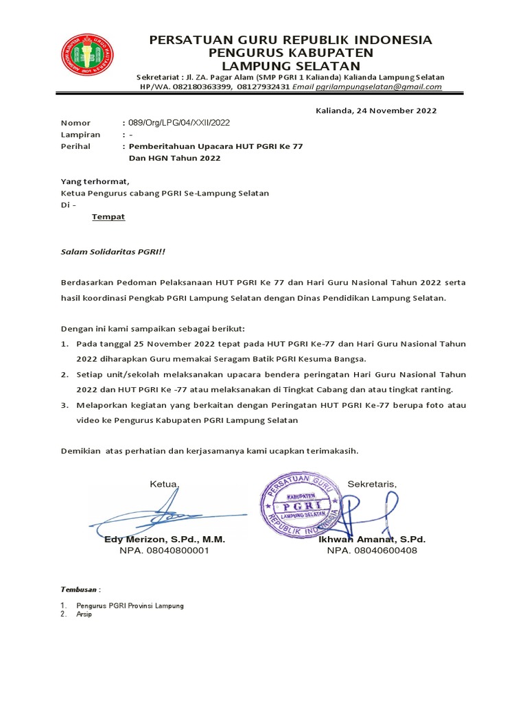 Surat Pemberitahuan HUT PGRI Dan HGN 22 | PDF