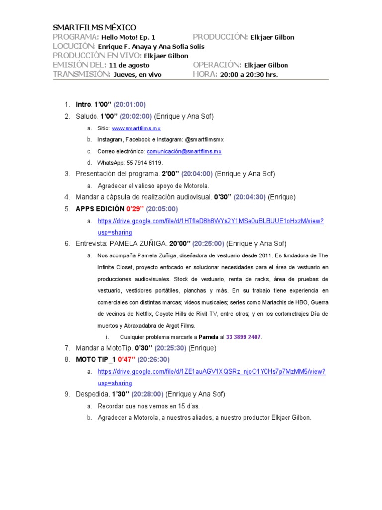 Escaleta Hello Moto - 11 de Agosto de 2022 | PDF