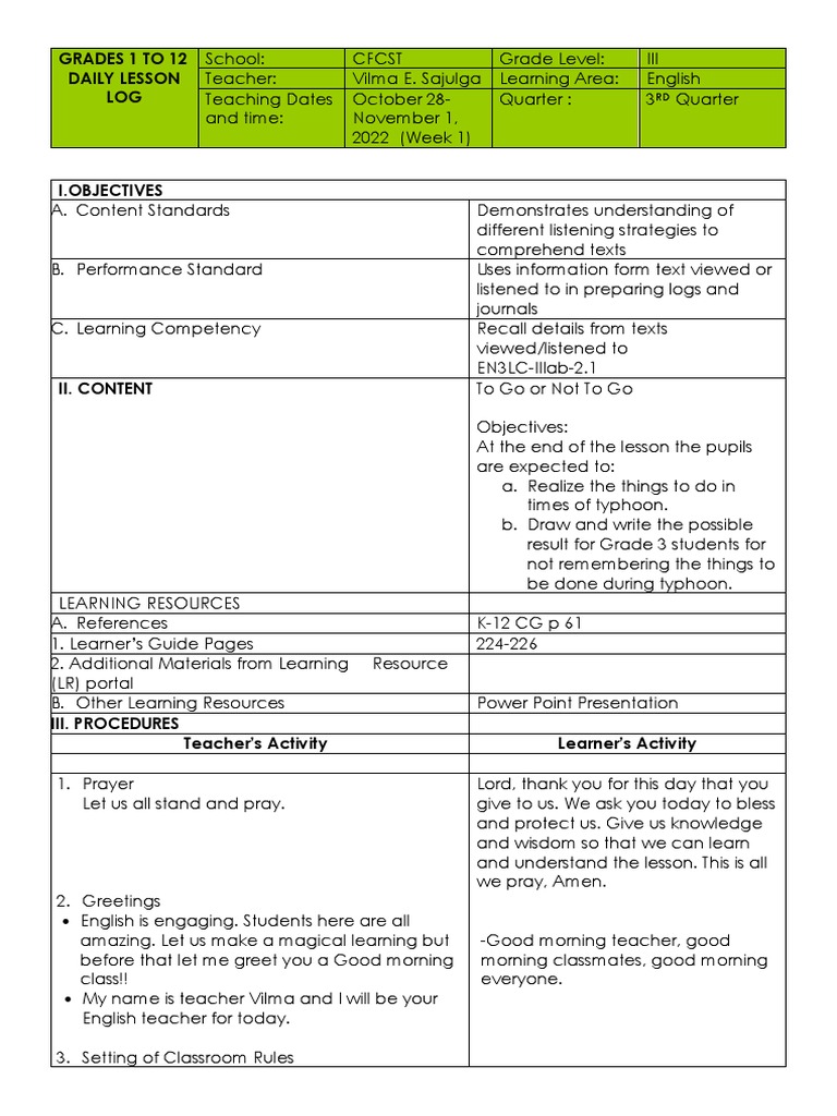 Daily Lesson Log (ENGLISH 3) VS.1 | PDF | Teachers | Learning