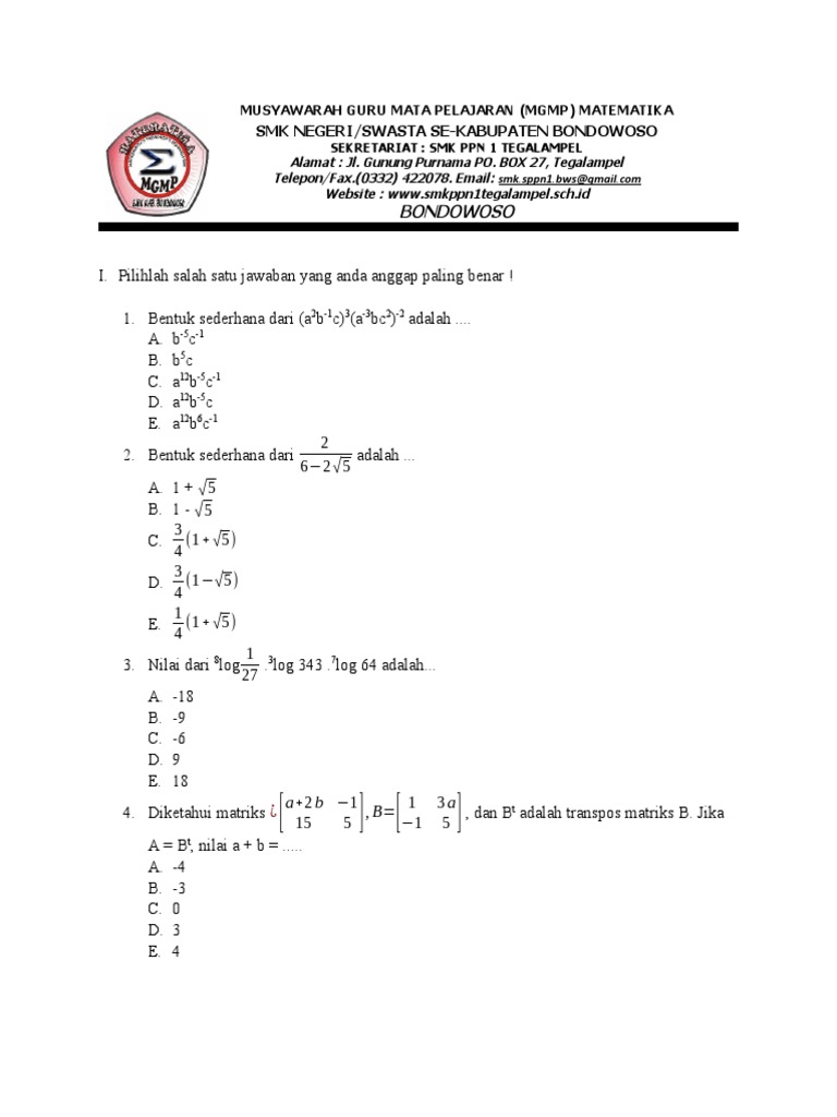 Soal Usbn Matematika SMK 2019 | PDF