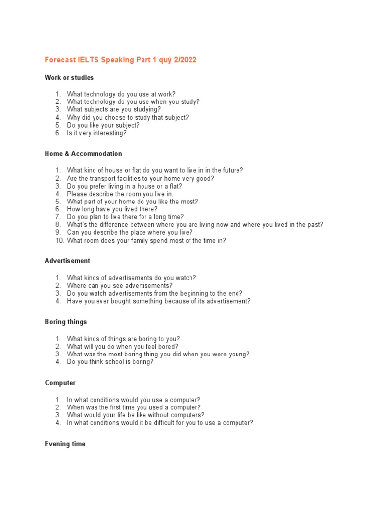 IELTS Speaking Part 1-3 Forecast Q2 2022 | PDF | Communication
