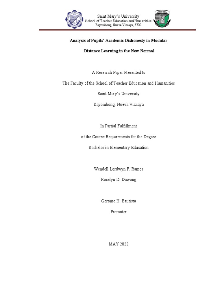 Analysis of Pupils' Academic Dishonesty in Modular Distance Learning in ...