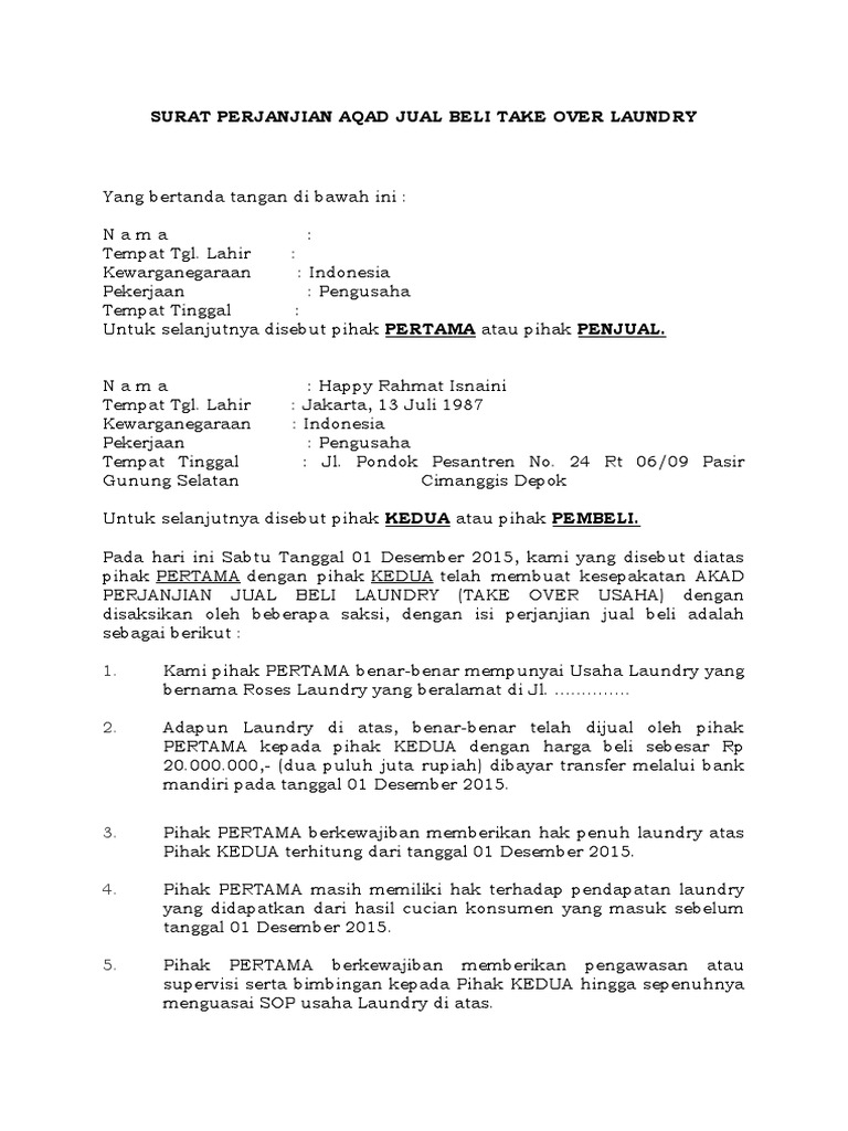 Surat Perjanjian Aqad Jual Beli Take Over Laundry | PDF