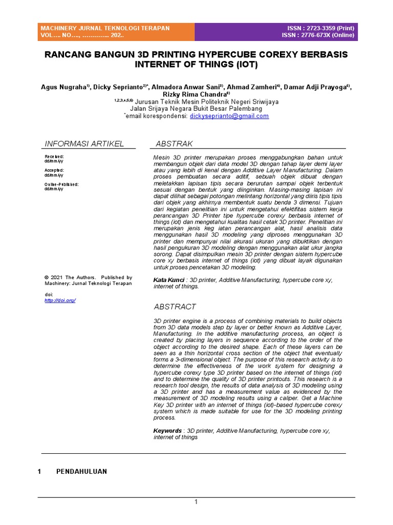 Rancang Bangun 3D Printing Hypercube Corexy Berbasis Internet of Things | PDF | Teknologi & Rekayasa