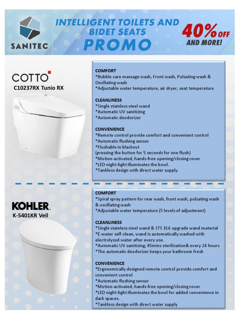 Sanitec Intelligent Toilets & E-Bidet Features | PDF | Water Heating | Manufactured Goods