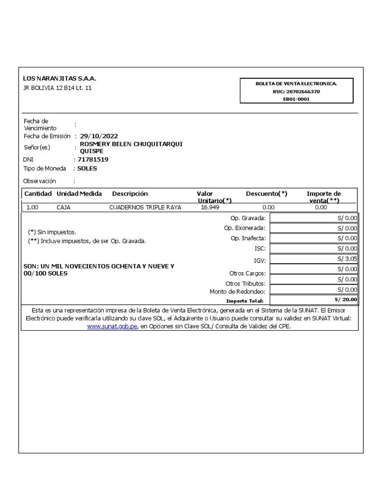 Boleta de Venta Electrónica | PDF