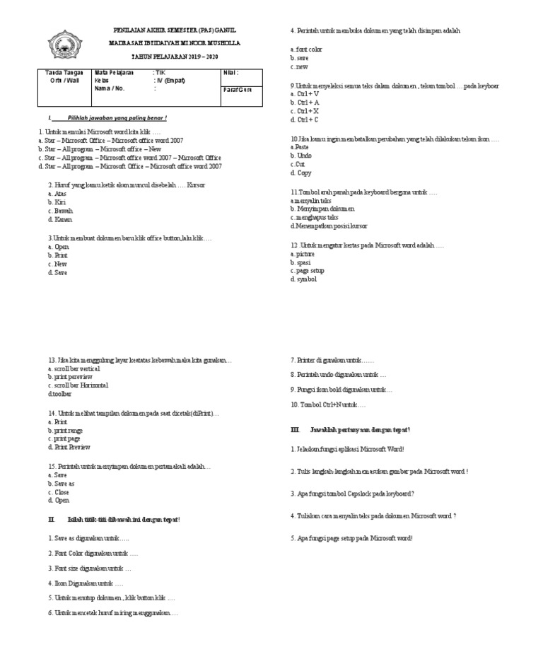 Soal TIK Kls 4 PAS | PDF