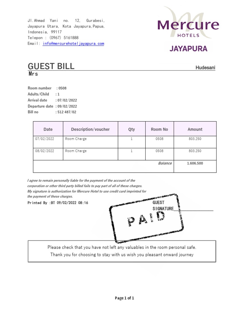 Guest Bill Example for Mercure Hotel | PDF