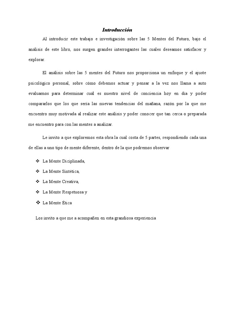 Analisis Libro Las 5 Mentes Del Futuro1 | PDF | Mente | Pensamiento Analisis Libro Las 5 Mentes Del Futuro1 | PDF | Mente | Pensamiento