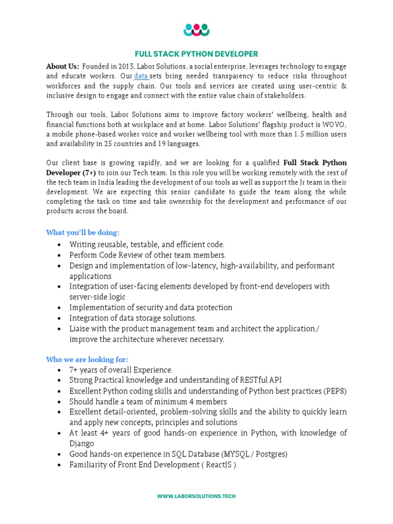 Full Stack Python JD Labor Solutions | PDF | Python (Programming Language) | Databases