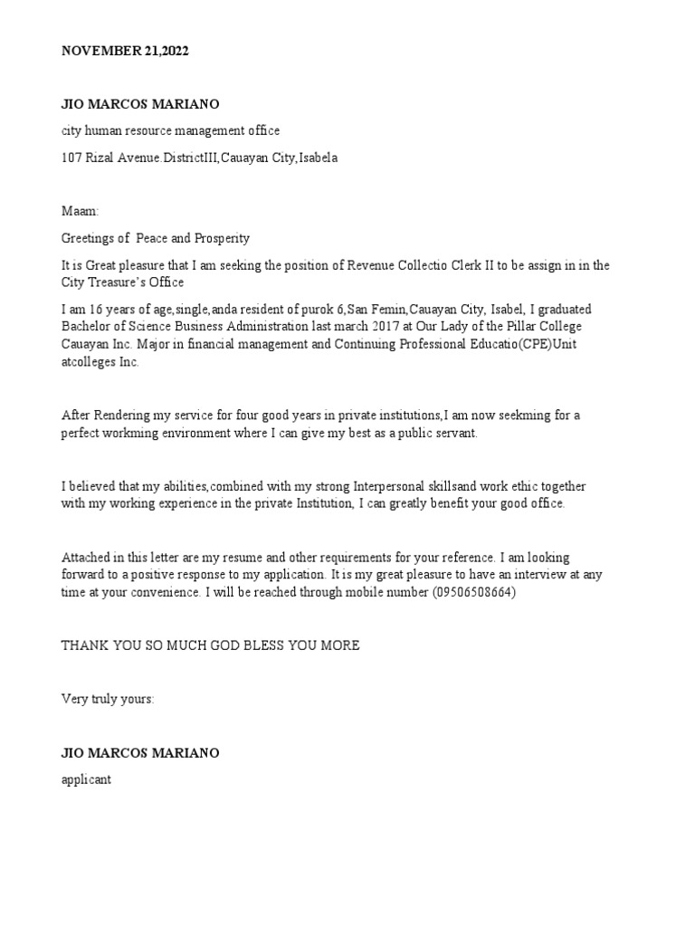 Application for Revenue Collection Clerk II | PDF | Career & Growth