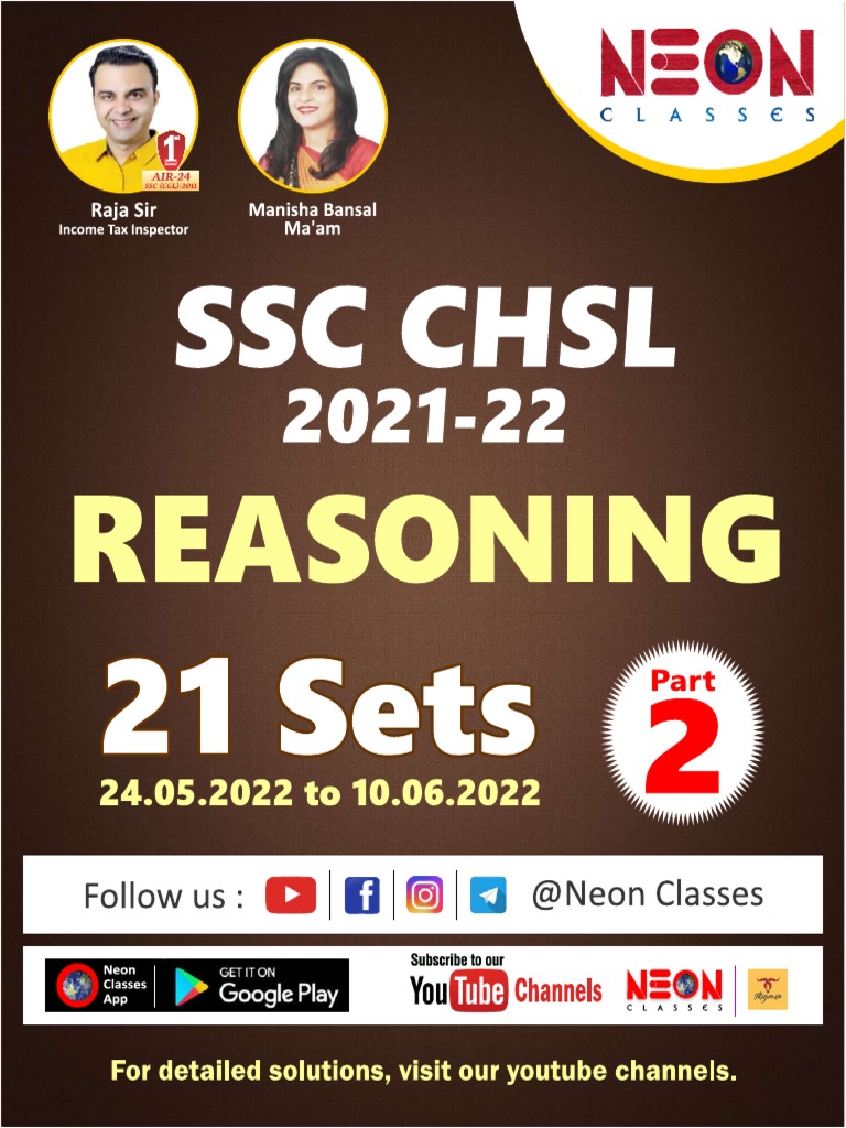 SSC CHSL 2021 Set 22 To 42 Pyq Reasoning Neon Classes | PDF | Linguistics