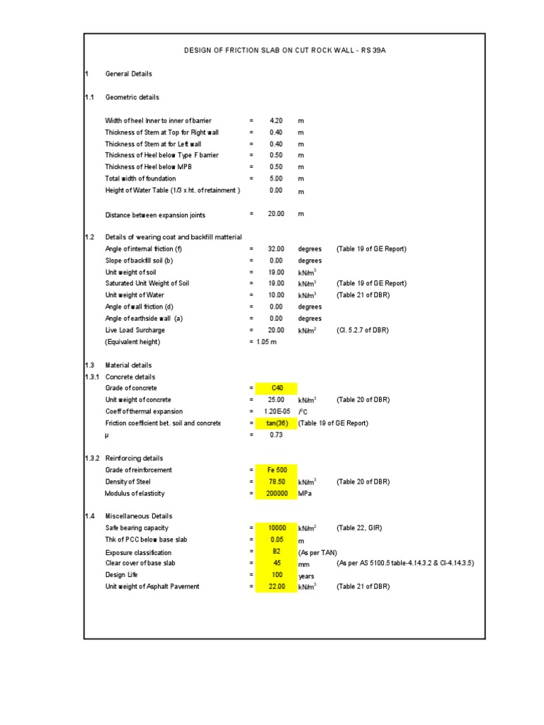 Design of Friction Slab On Cut Rock Wall - Rs 39A: Width of Foundation ...