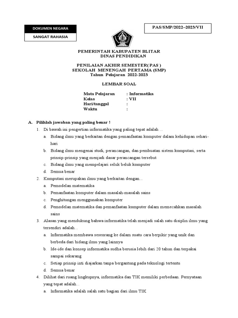 Naskah Soal Pas Informatika KLS 7 TH 22-23 SMT 1 | PDF