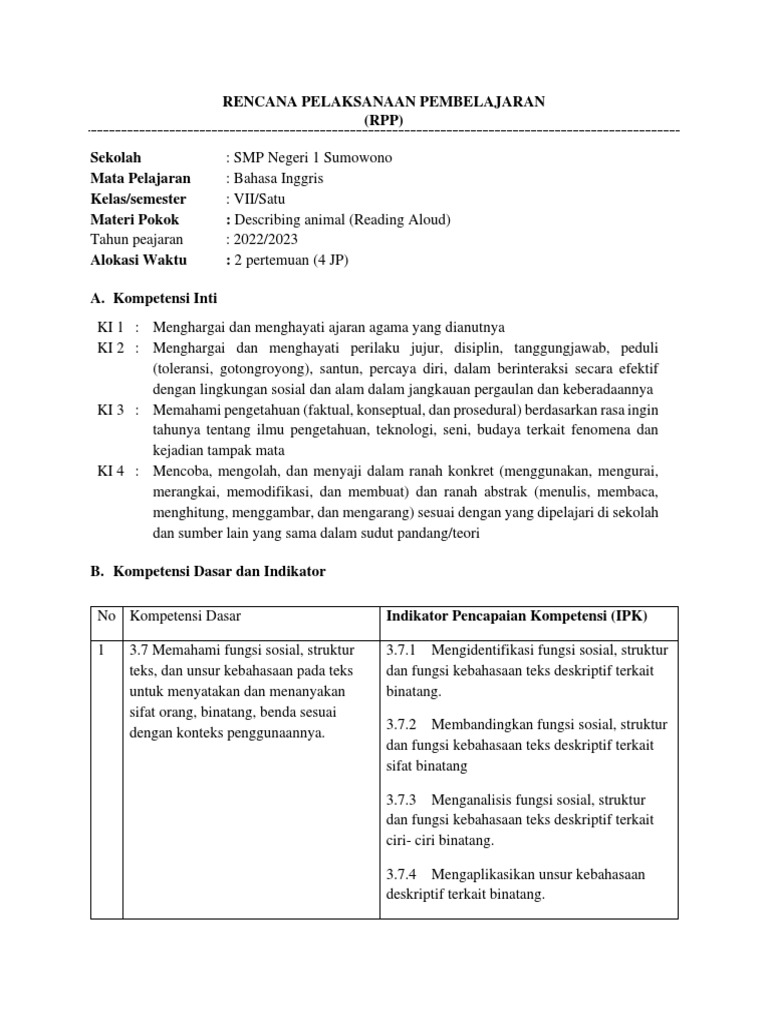 RPP Descriptive Text Hewan SMP | PDF
