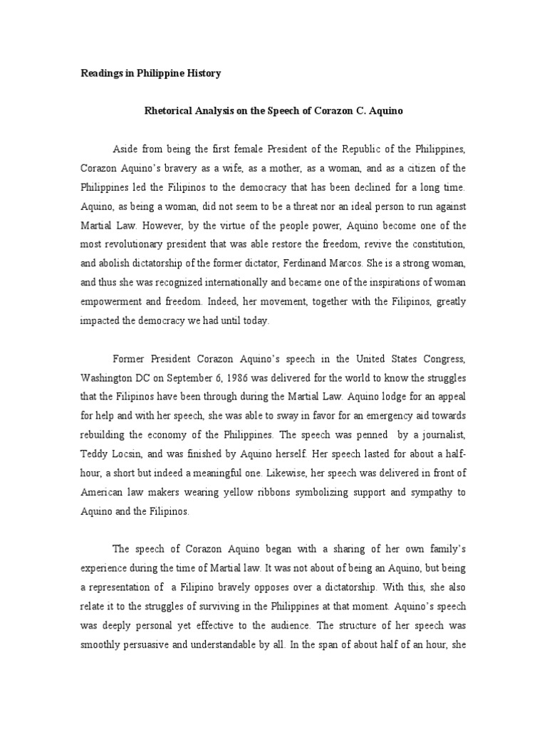 Readings in Philippine History - Rhetorical Analysis On The Speech of Corazon C. Aquino | PDF ...