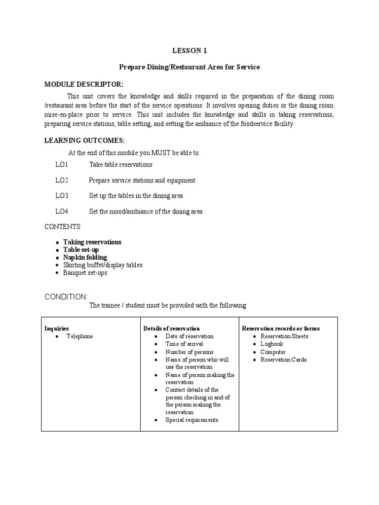 lesson-1-Preparing-dining-Restaurant-Area-for-Service (1) | PDF ...