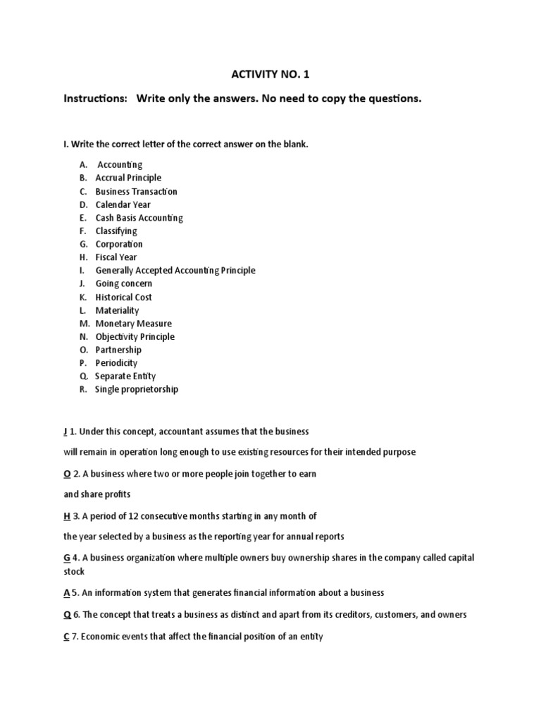 Activity 1 Fundamentals of Accounting Exams | PDF | Historical Cost | Business
