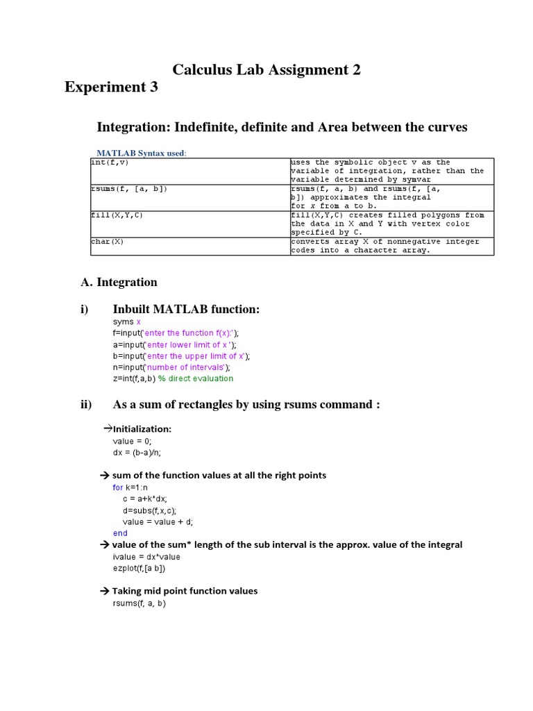Calculus Lab Assignment 2: Exploring Integration, Area Between Curves ... Calculus Lab Assignment 2: Exploring Integration, Area Between Curves ...