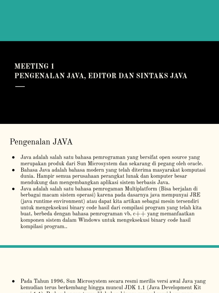 MEETING 1: PENGENALAN JAVA, EDITOR DAN SINTAKS JAVA | PDF
