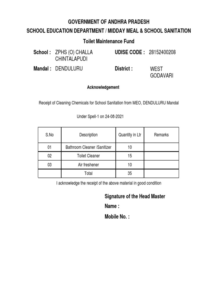 School Sanitation Chemical Receipt | PDF