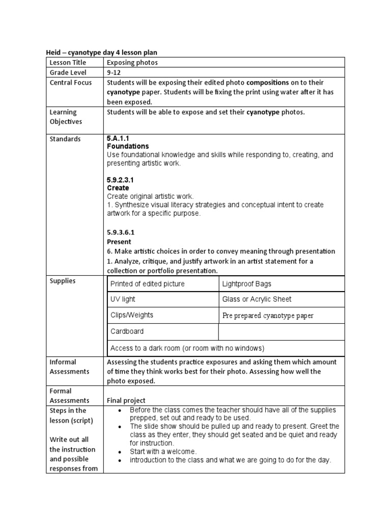 Cyanotype Day 4 Lesson Plan | PDF | Lesson Plan | Education Theory
