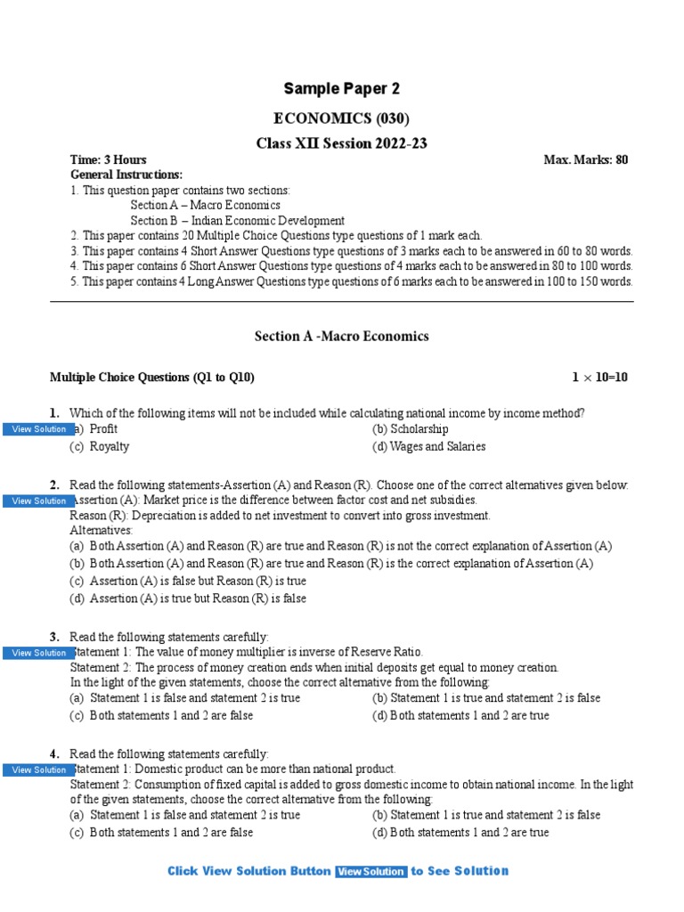 CBSE Class 12 Economics Sample Paper 2 | PDF | Government Budget ...