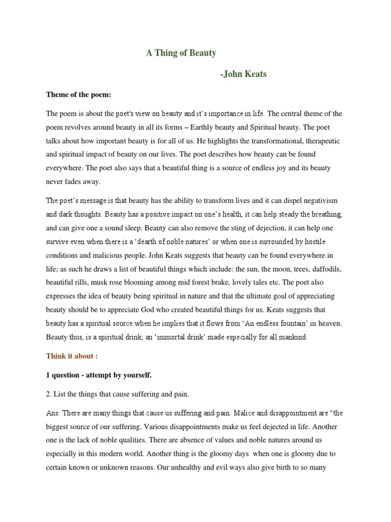 A Thing of Beauty: An Analysis of John Keats' Poem | PDF | Beauty ...