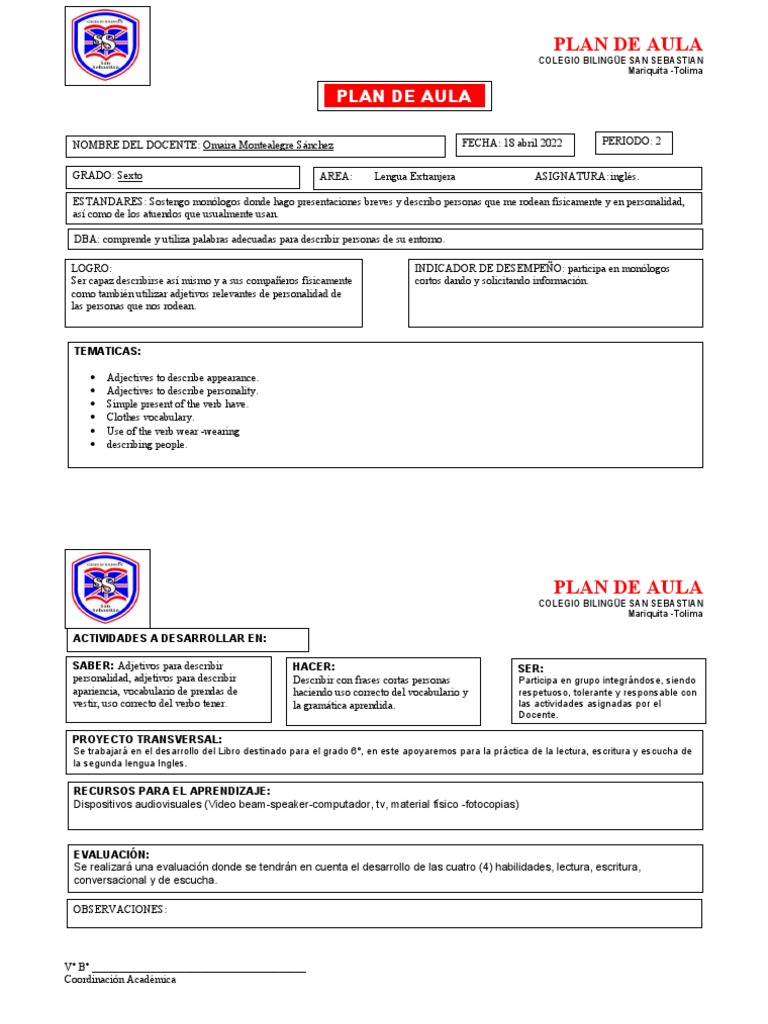 Plan Aula 2° Periodo | PDF | Comunicación | Comunicación humana