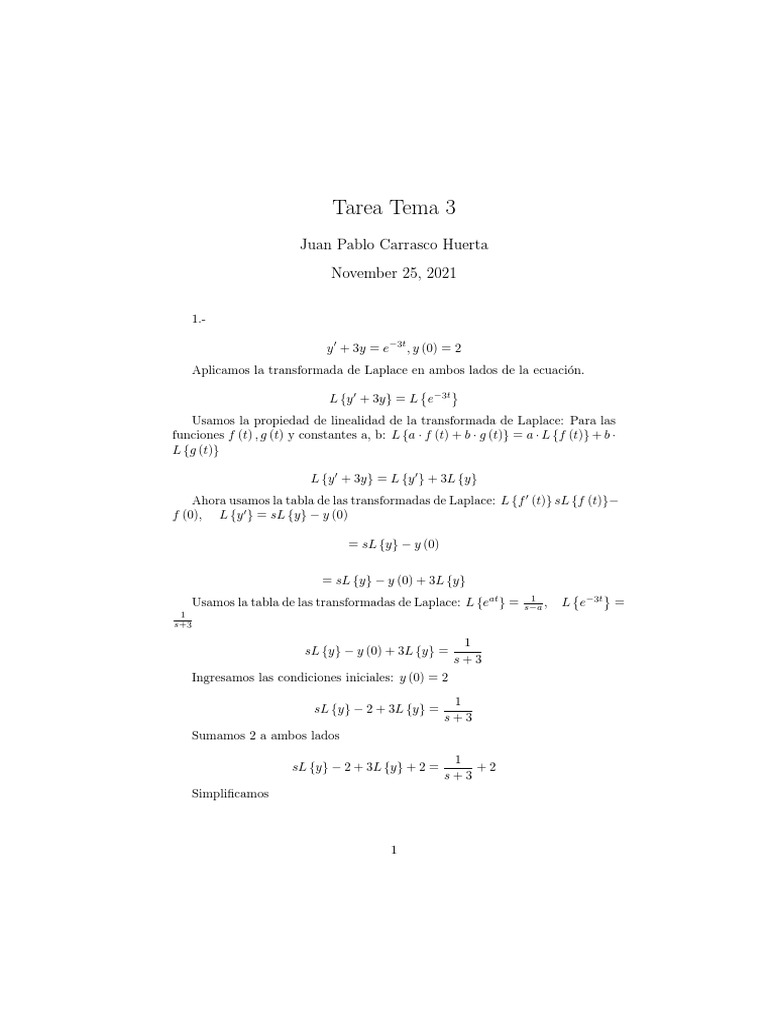 Tarea Tema 3 | Descargar gratis PDF | Ecuaciones | Transformada de Laplace