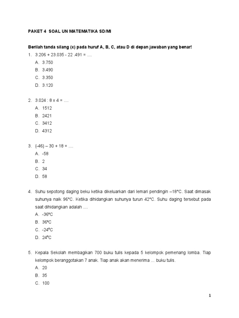 Prediksi 4 Soal Un Matematika SD | PDF