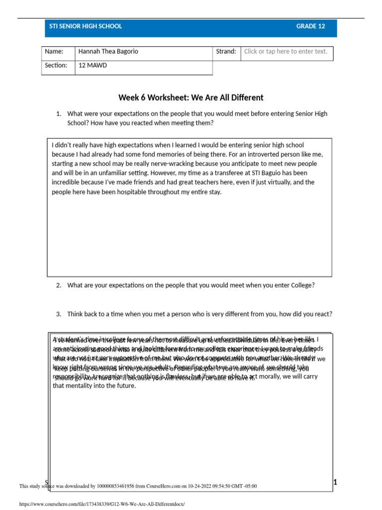Senior High School Reflection Worksheet | PDF | Psychology | Cognitive ...