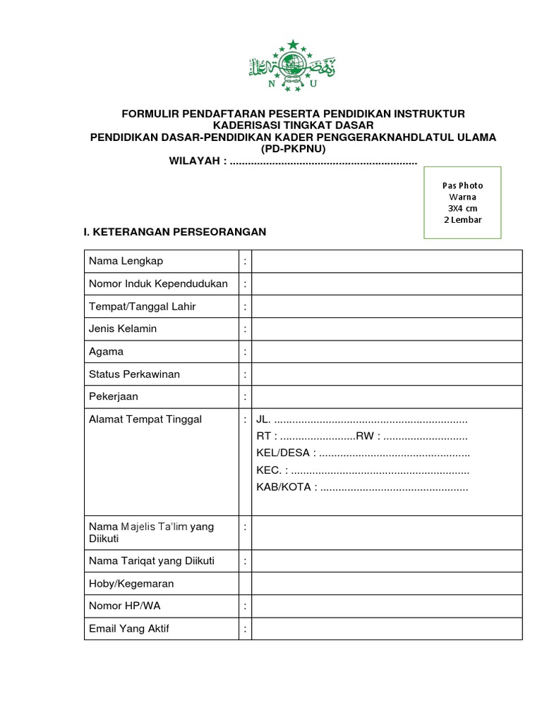 Formulir Calon Peserta Pin-Tot Pd-Pkpnu | PDF
