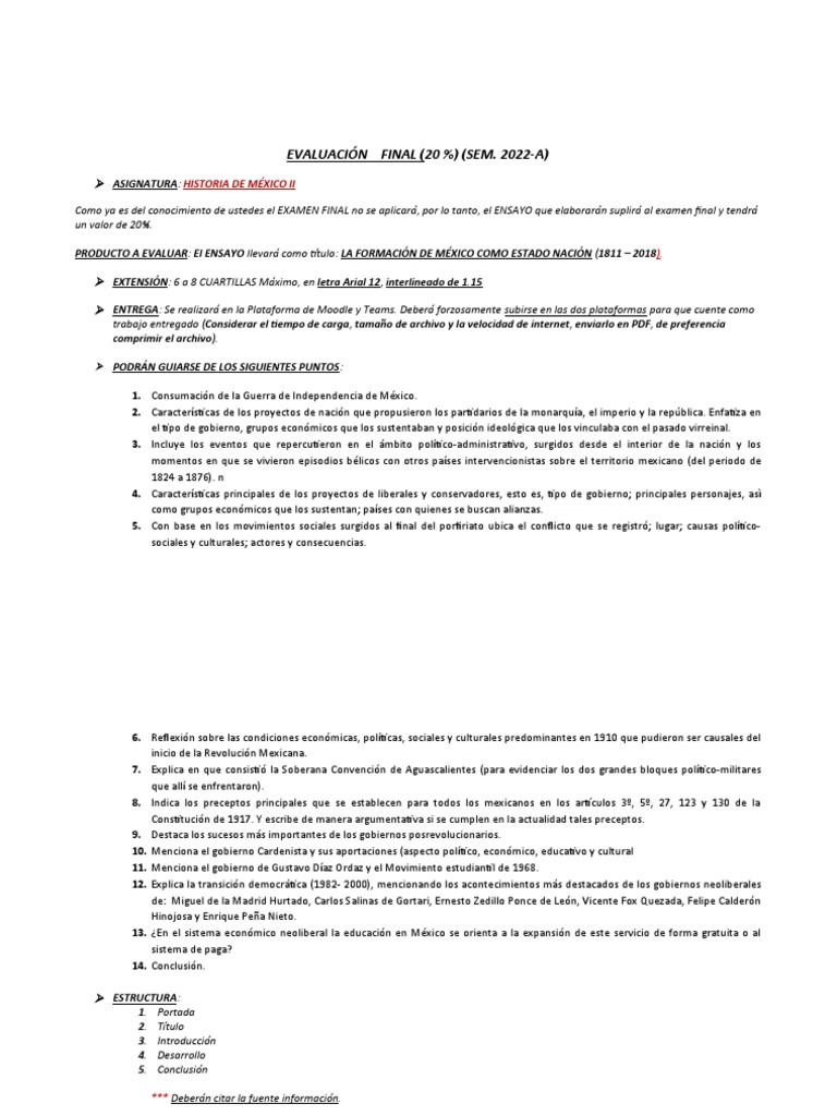 Evaluacion Final Ensayo Hist. de Mèx. Ii (Act. Final) (Virtual) Sem. 2022 | PDF | México ...