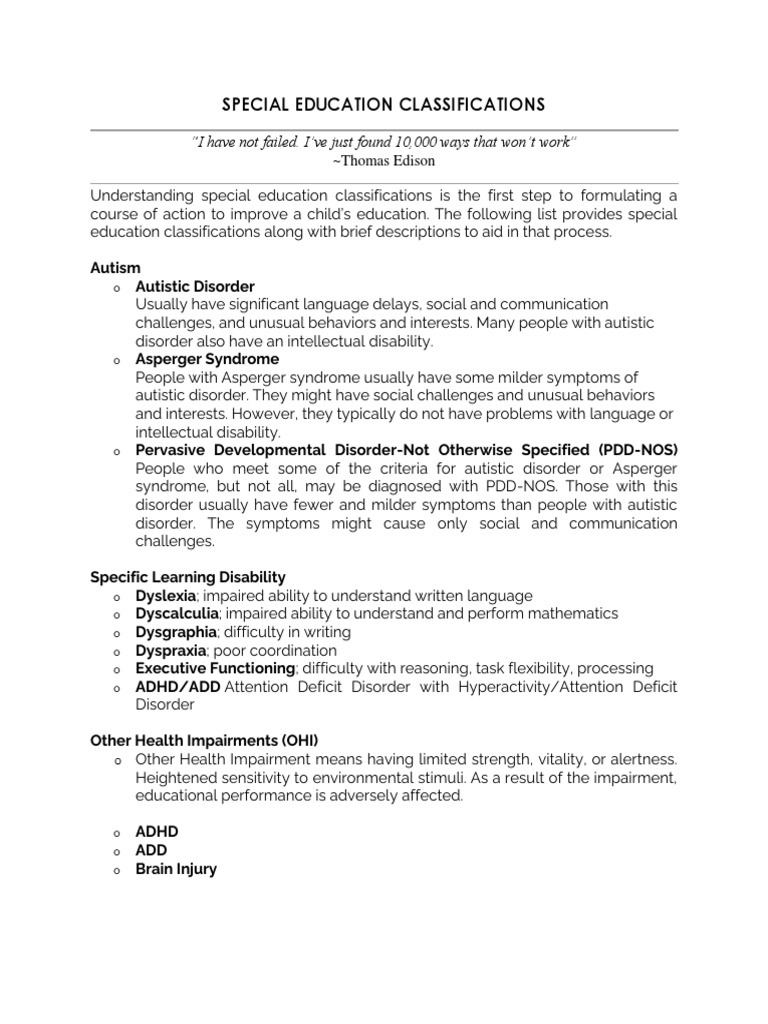 Special Education Classifications | PDF | Attention Deficit ...