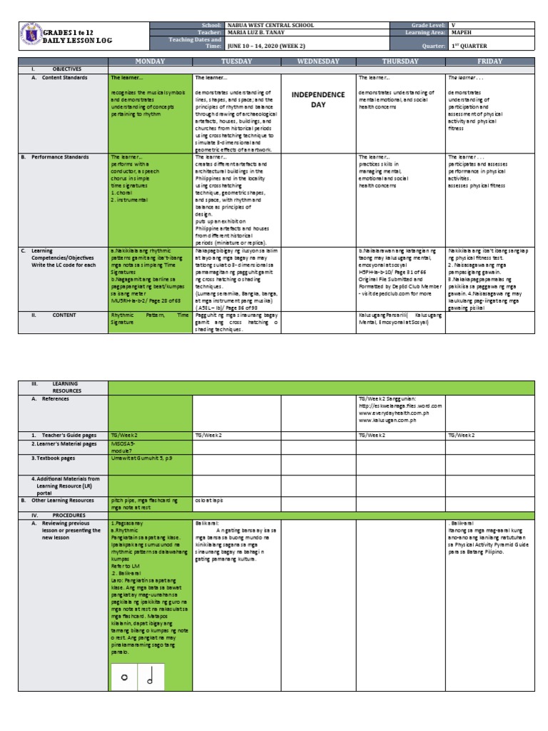 DLL - Mapeh 5 - Q1 - W2 | PDF | Learning | Cognition