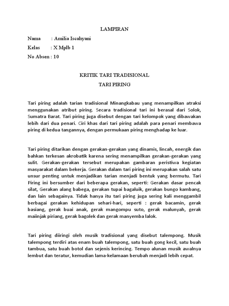 Kritik Tari Piring oleh Amilia | PDF | Seni & Disiplin Bahasa | Kajian ...