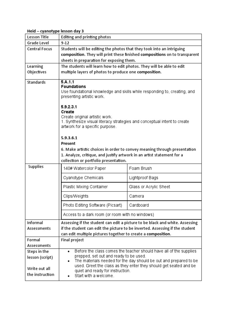 Cyanotype Day 3 Lesson Plan | PDF | Photograph | Paper