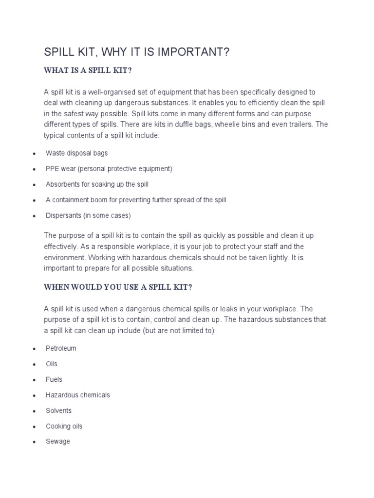 Spill Kit | Download Free PDF | Oil Spill | Dangerous Goods