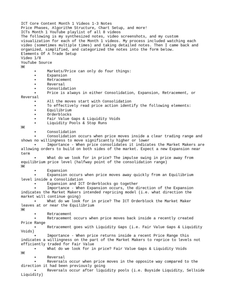 ICT Core Content Month 1 Videos 1-3 Summary | PDF | Market Liquidity ...