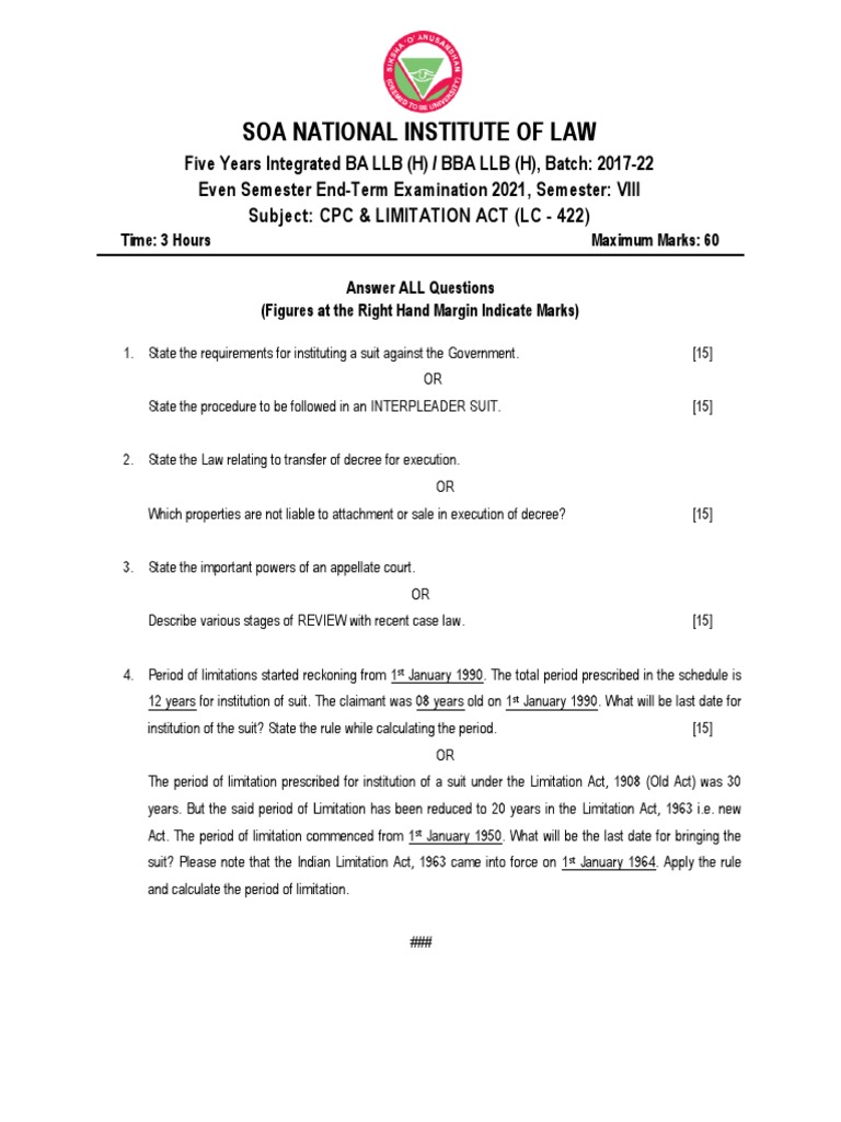 CPC and Limitation Act Exam Guide | PDF | Lawsuit | Separation Of Powers
