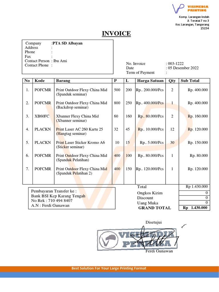 Invoice 003-1222 - PTA - ALB - Amy | PDF