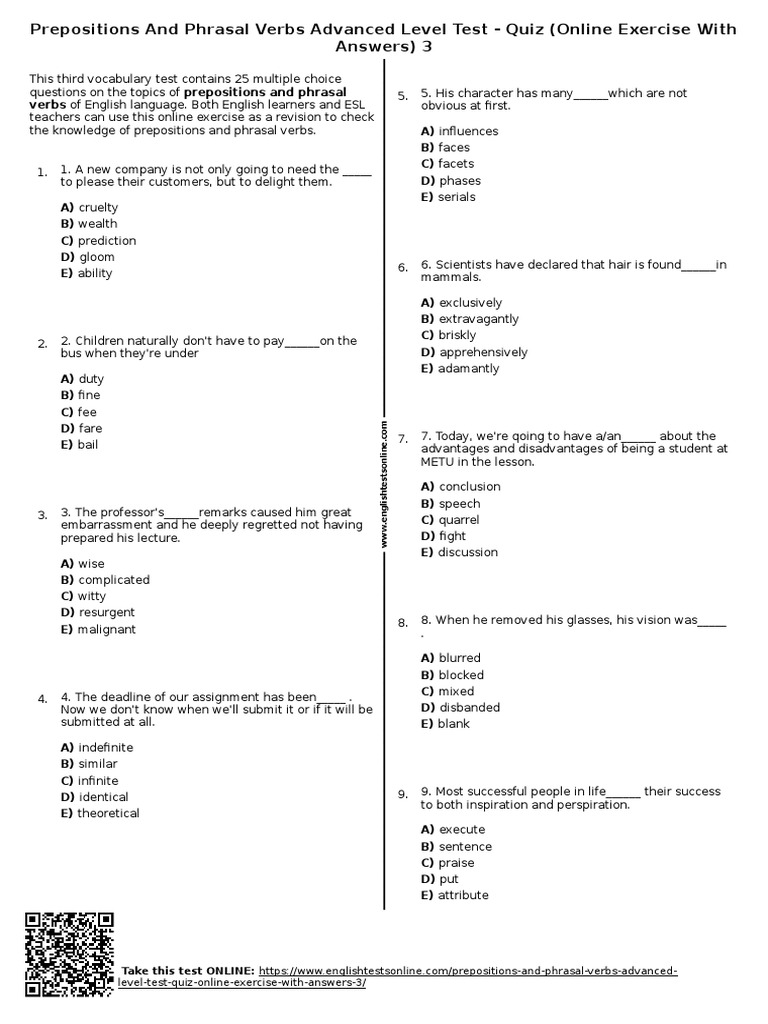 396 - Prepositions and Phrasal Verbs Advanced Level Test Quiz Online ...