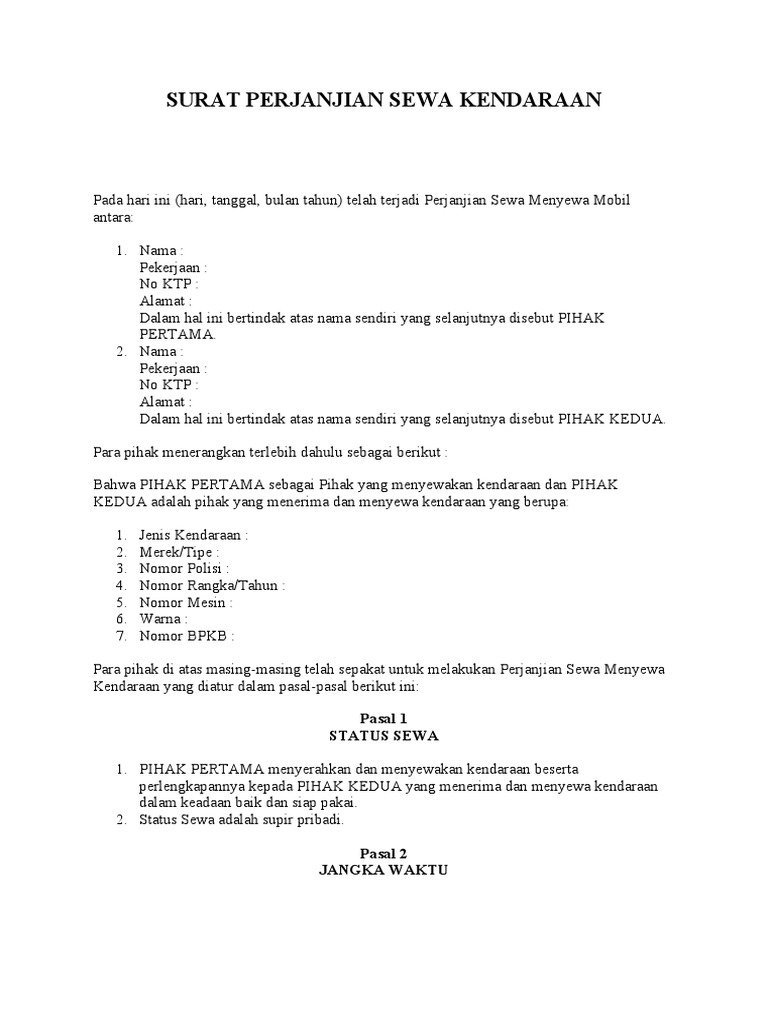 Surat Perjanjian Sewa Mobil | PDF