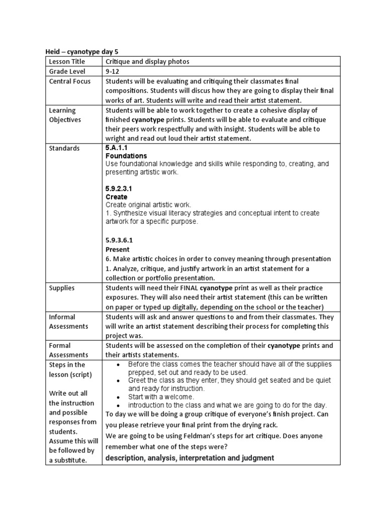 Cyanotype Day 5 Lesson Plan | PDF | Educational Assessment | Lesson Plan