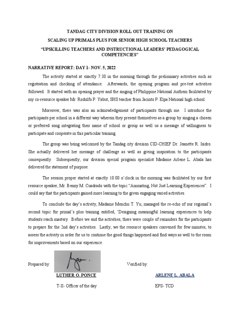 Day 1 Narrative Report Accomplishment Report | Download Free PDF ...